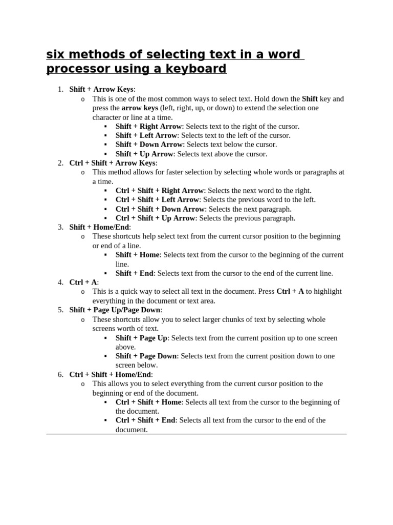 six methods of selecting text in a word processor using a keyboard | PDF