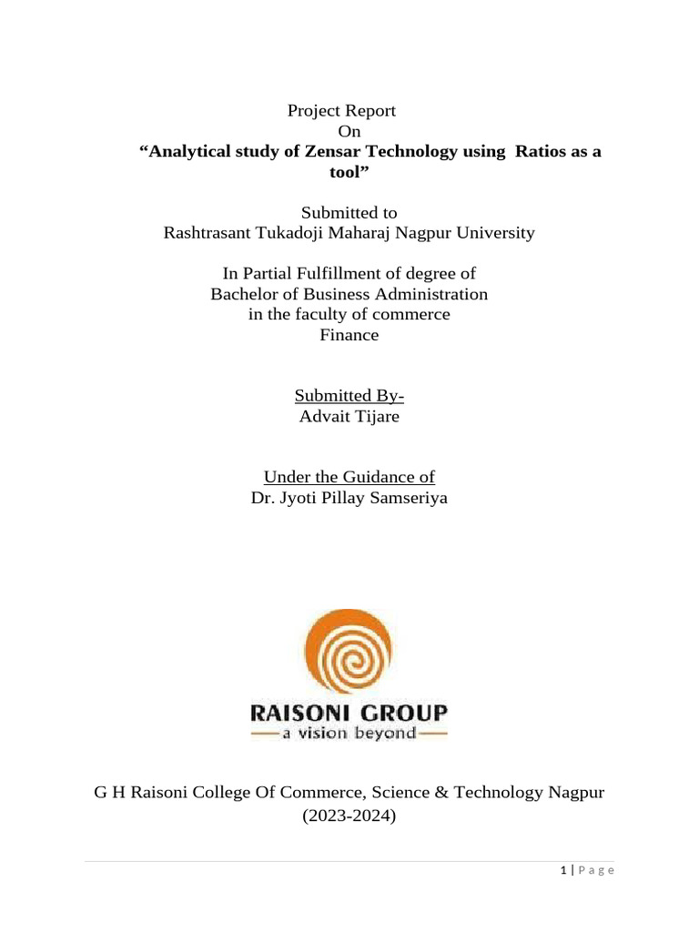 Advait Tijare - Analytical Study of Zensar Technolgies Using Ratios As A Tool | PDF | Revenue | Debt