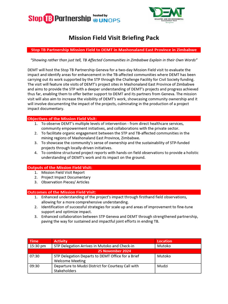 DEMT STP Mission Field Visit Briefing Pack | PDF | Health Care
