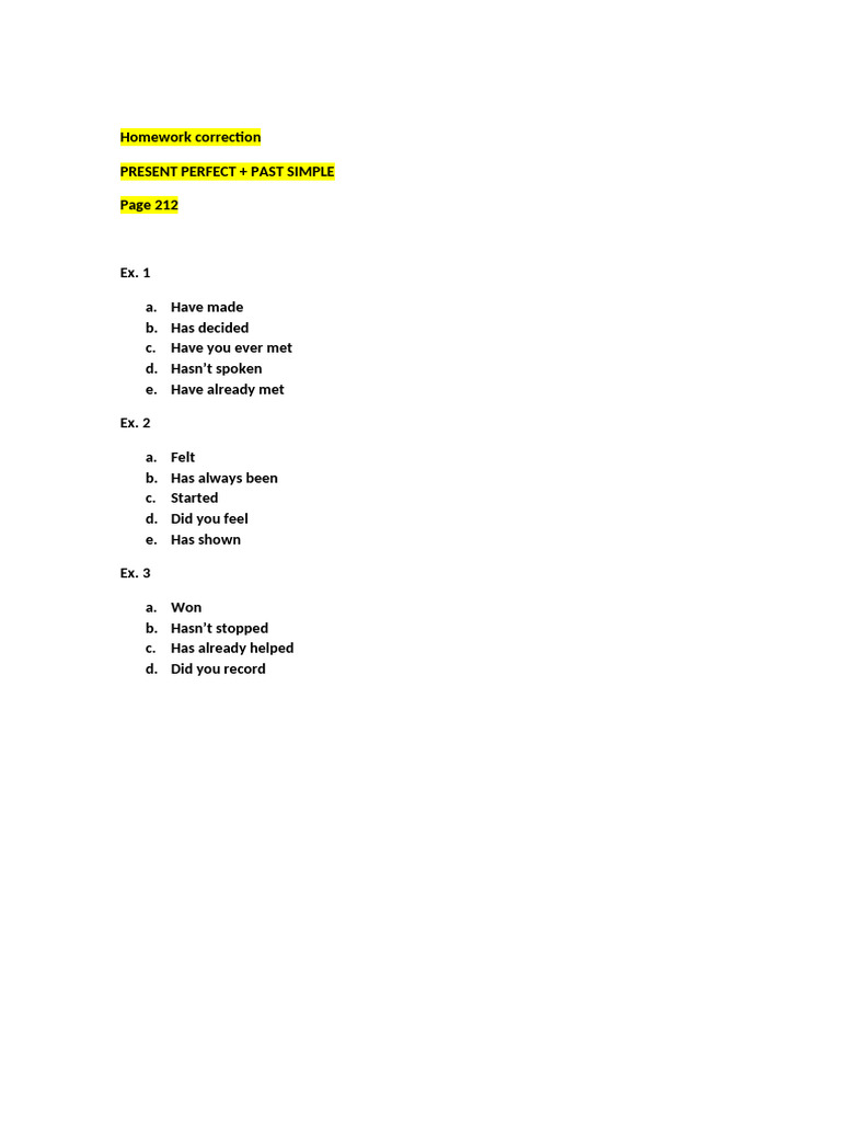 Homework Correction p212 Present Perfect 10th Grade RUI | PDF
