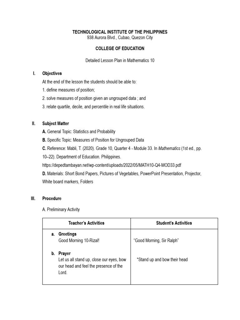 TTL Lesson Plan | PDF | Quartile | Variance