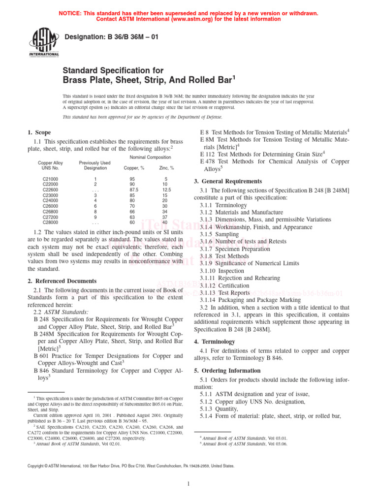 Astm B36 B36M 01 | PDF | Brass | Specification (Technical Standard)