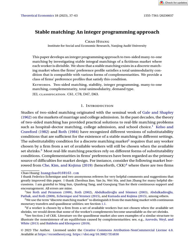 Theoretical Economics - 2023 - Huang - Stable Matching An Integer Programming Approach | PDF ...