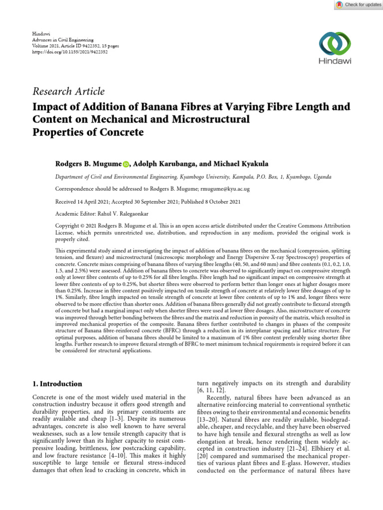 Advances in Civil Engineering - 2021 - Mugume - Impact of Addition of Banana Fibres at Varying ...
