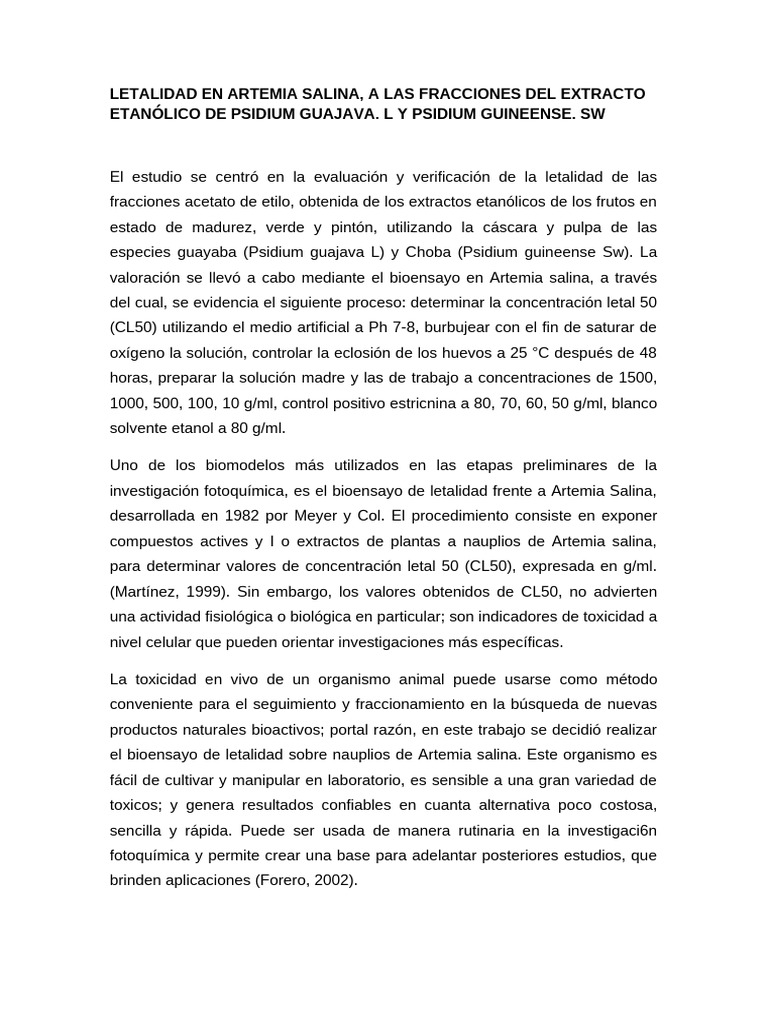 Letalidad en Artemia Salina | PDF