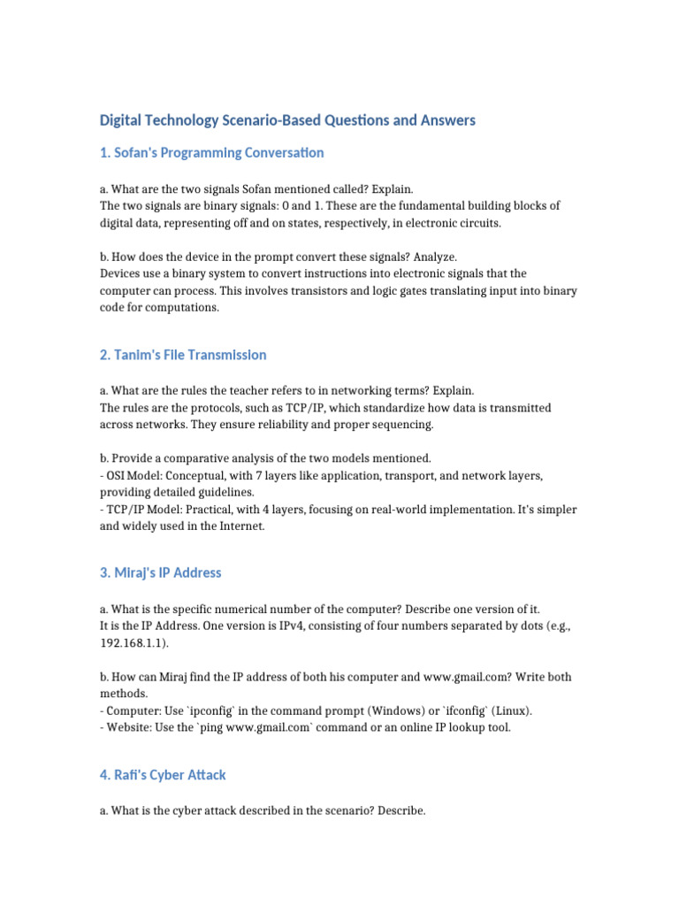 Digital Technology Scenario Questions | PDF | Internet Protocol Suite ...