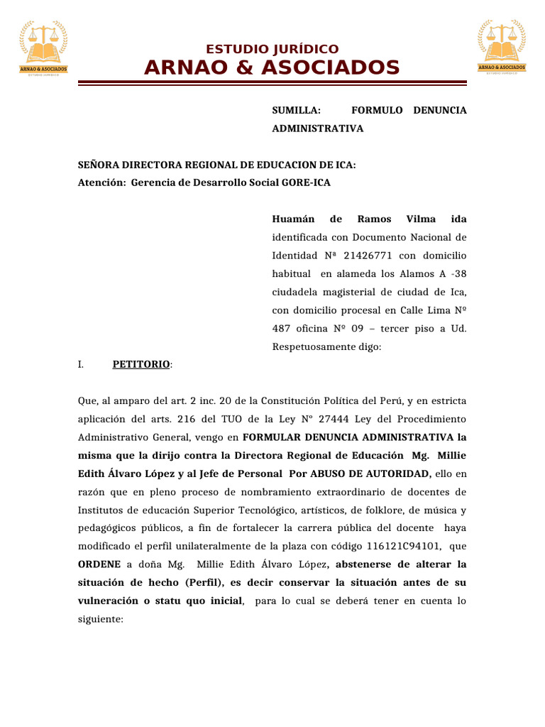Vilma Ida Huaman de Ramos - Denuncia Administrativa - Abuso de ...