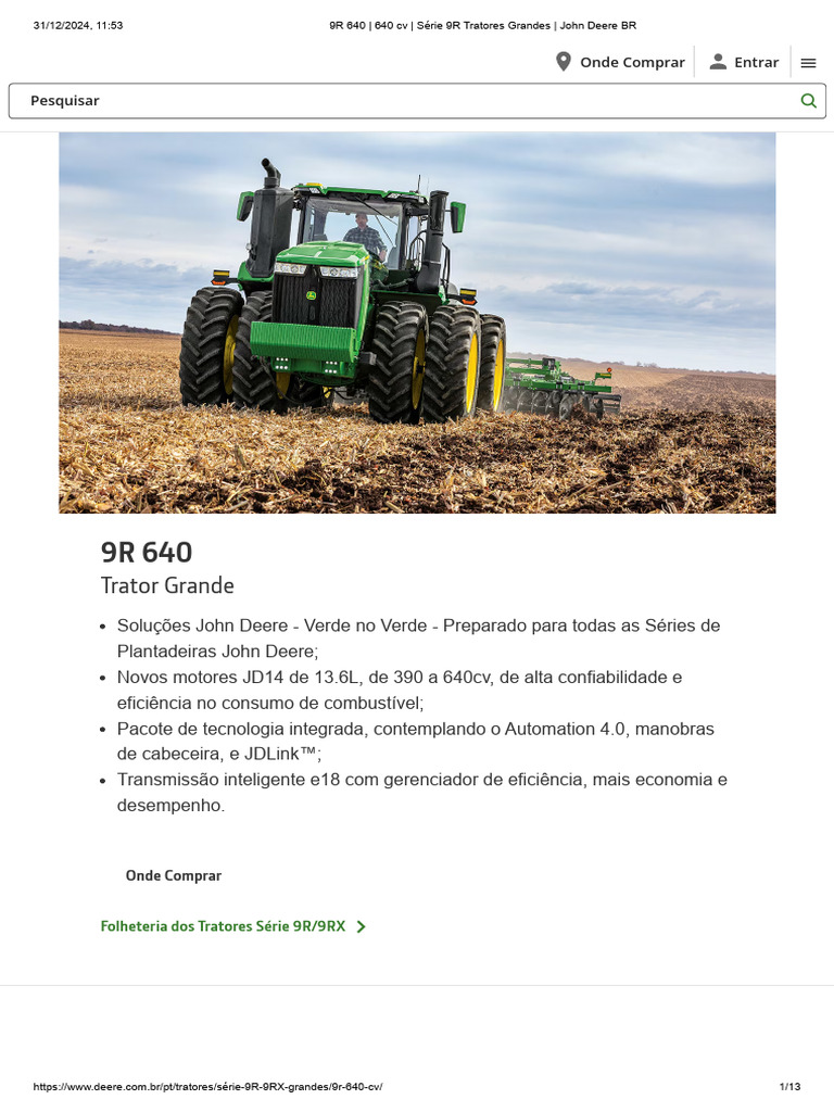 9R 640 - 640 CV - Série 9R Tratores Grandes - John Deere BR | PDF | Motores | Trator