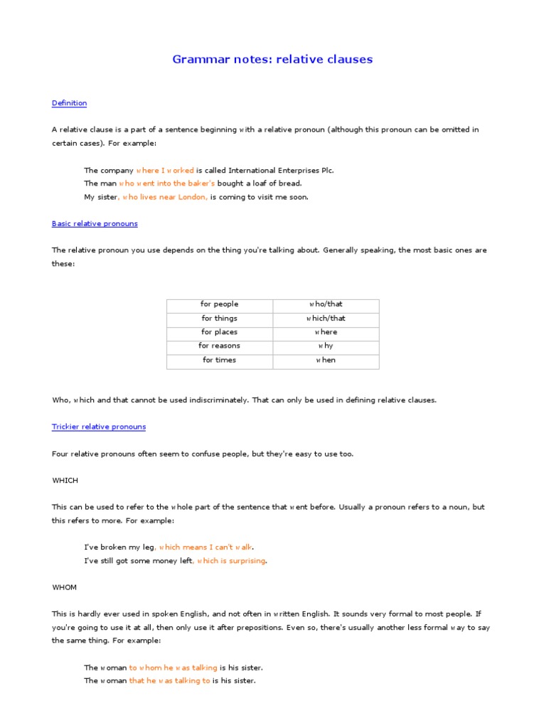 Grammar notes on relative clauses | PDF | Pronoun | Semiotics