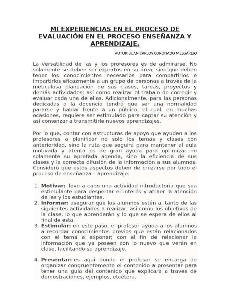 Mi Experiencias en El Proceso de Evaluación en El Proceso Enseñanza y Aprendizaje | PDF ...