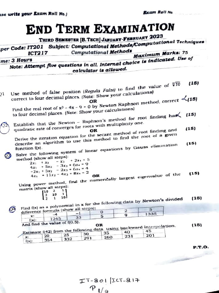 Usict End Sem 2023 Exam | PDF | Algebra | Numerical Analysis