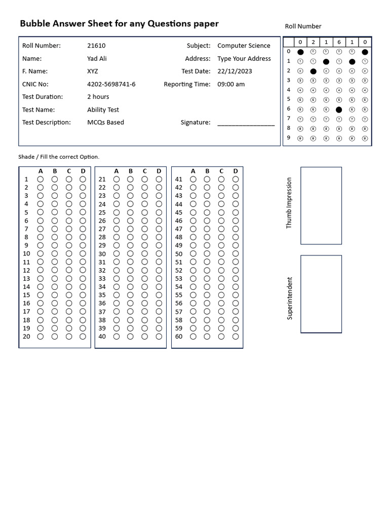 Bubble Answer Sheet For Any Questions Paper | PDF | Standardized Tests ...