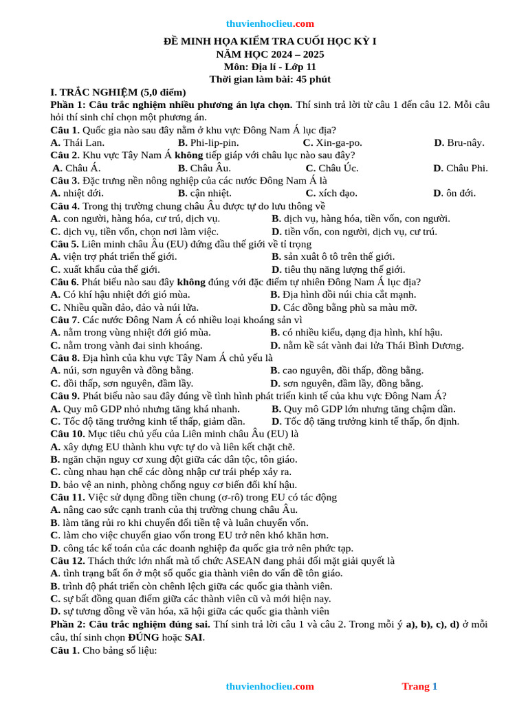 De On Tap Cuoi HK1 Dia 11 KNTT Nam 24 25 | PDF