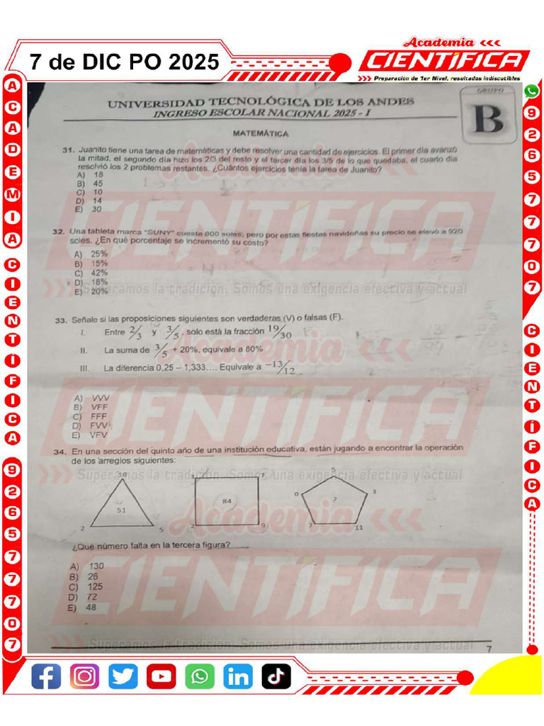 Examen de Admisión IEN - UTEA PO 2025 - CIENTÍFICA | PDF