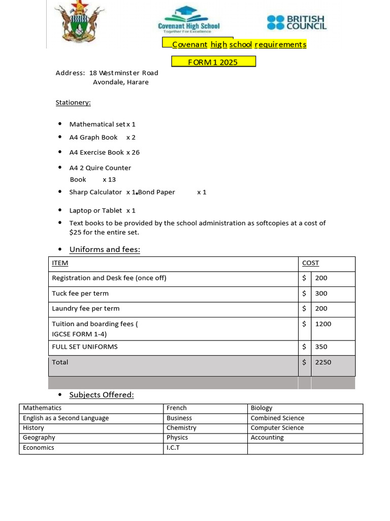 Covenant High School Form 1 Requirements 2025 | PDF