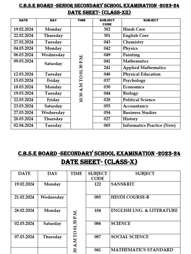 Cbse Date Sheet - X & Xii-2023-24 | PDF