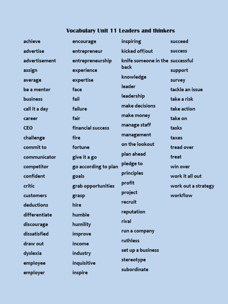 Vocabulary Unit 11 Leaders and Thinkers | PDF | Entrepreneurship ...