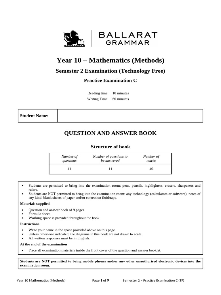 Yr10 Maths MM Sem2 TF Practice Exam C | PDF | Equations | Books