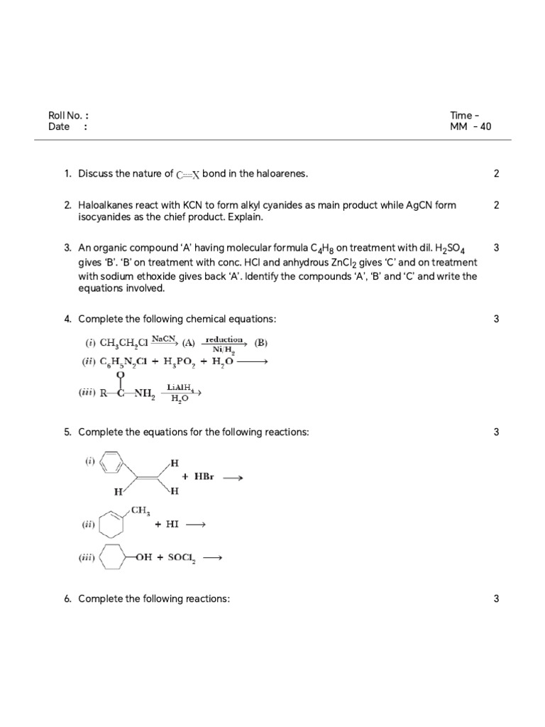Haloalkane and haloarenes Worksheet - 1 QP | PDF | Chemical Reactions ...