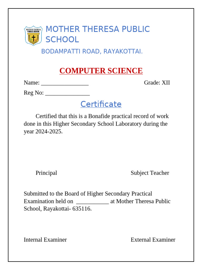GR XII CS Practical FRONT SHEET | PDF