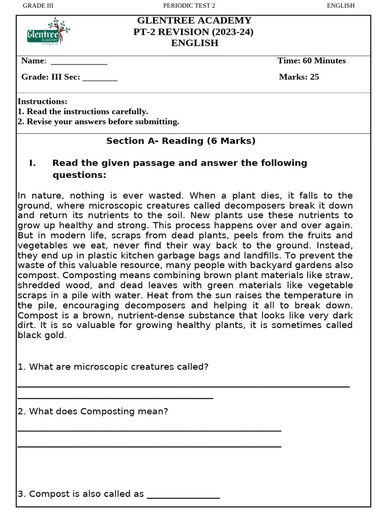 Grade 3 English Periodic Test 2 Guide | PDF | Compost