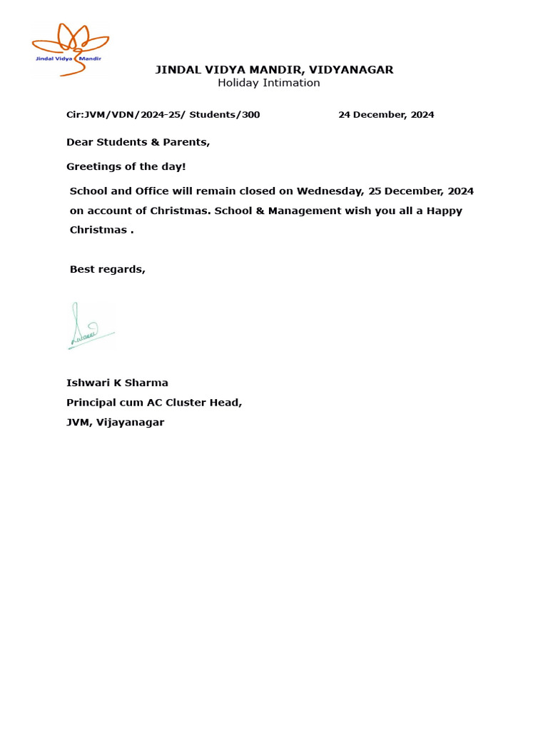 Holiday Intimation | PDF