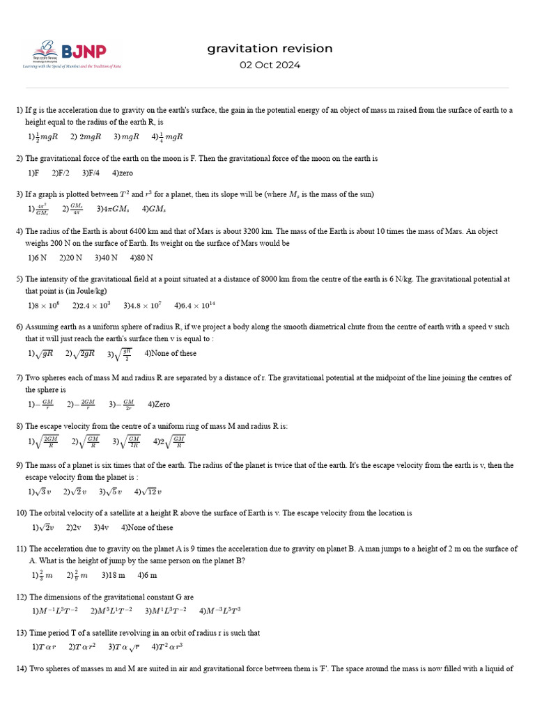 Gravitation Revision | PDF | Mass | Orbit