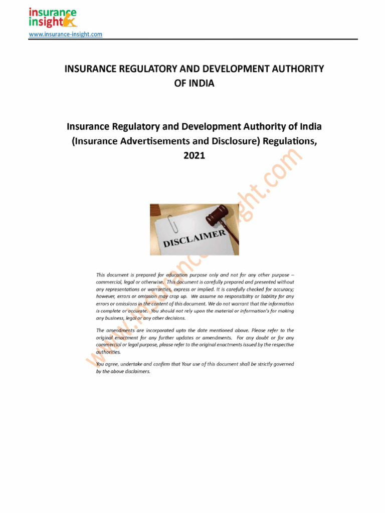 IRDAI (Insurance Advertisements and Disclosure) Regulations, 2021 | PDF