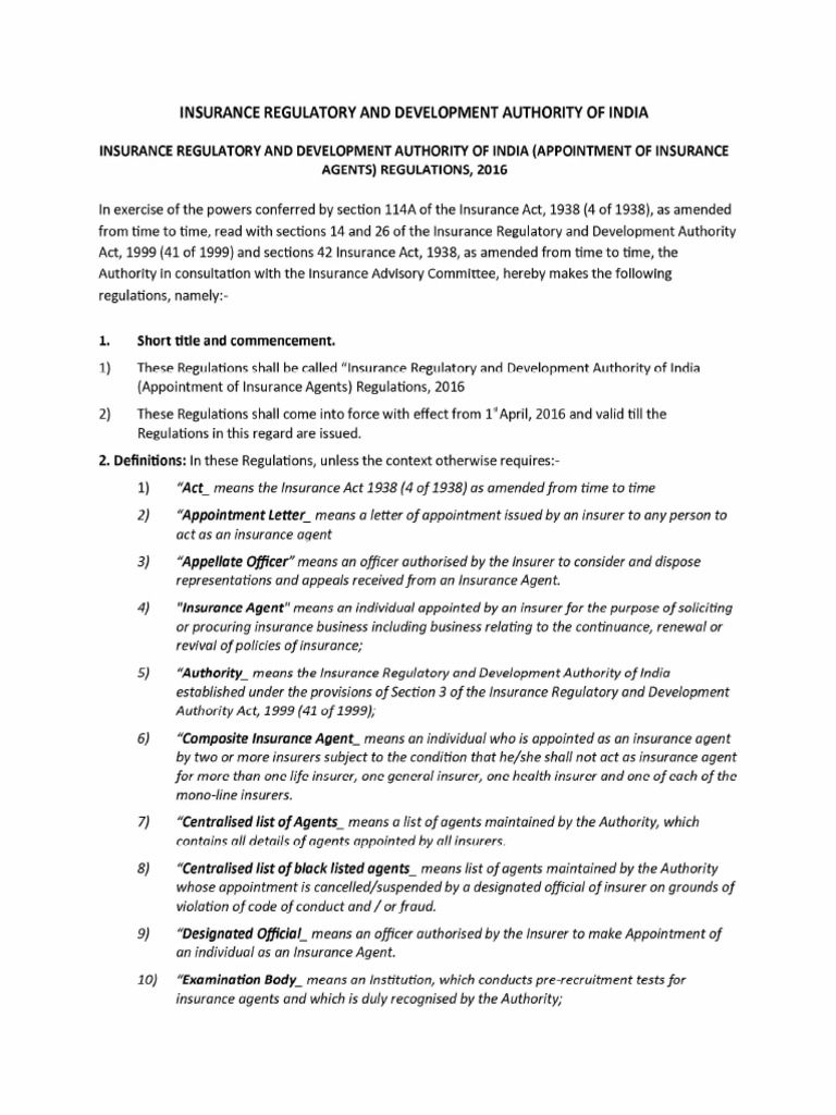 IRDAI (Appointment of Insurance Agents) Regulations, 2016 | PDF