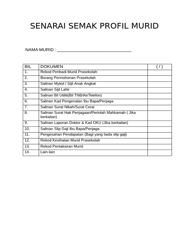 Senarai Semak Profil Murid | PDF
