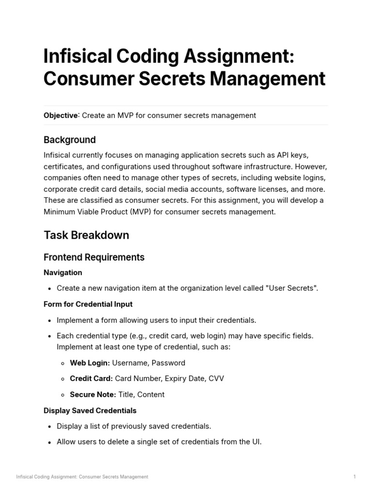Infisical Coding Assignment Consumer Secrets Management | PDF | User (Computing) | Login