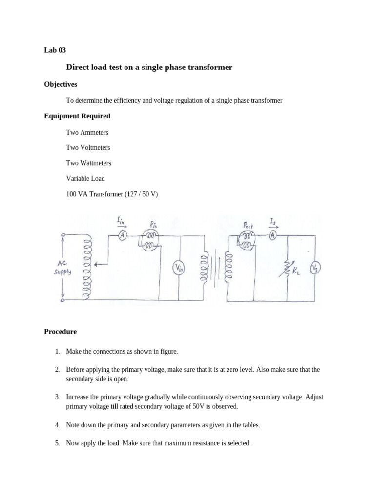03 - Direct Load Test On A Single Phase Transformer | PDF
