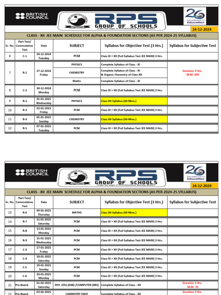 XII N.M. (PCM) Revised Schedule 24-12-2024 (Ok) | PDF | Standardized Tests