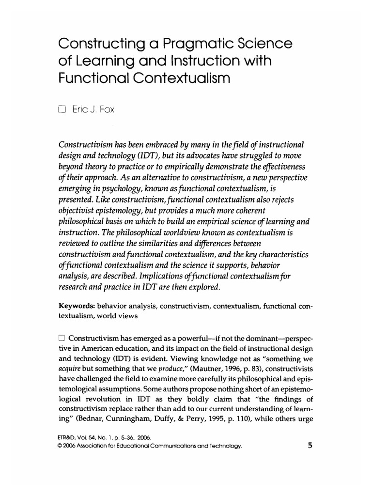 Constructing A Pragmatic Science of Learning and Instruction With Functional Contextualism | PDF ...