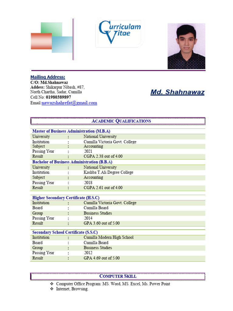 Cv of Md. Shahnawaz | PDF | Educational Stages | Qualifications