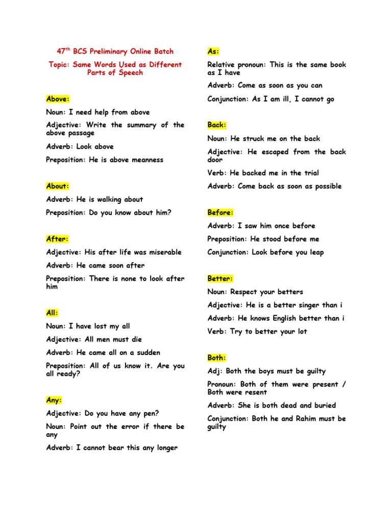 Same Words as Different Parts of Speech | PDF | Adverb | Part Of Speech