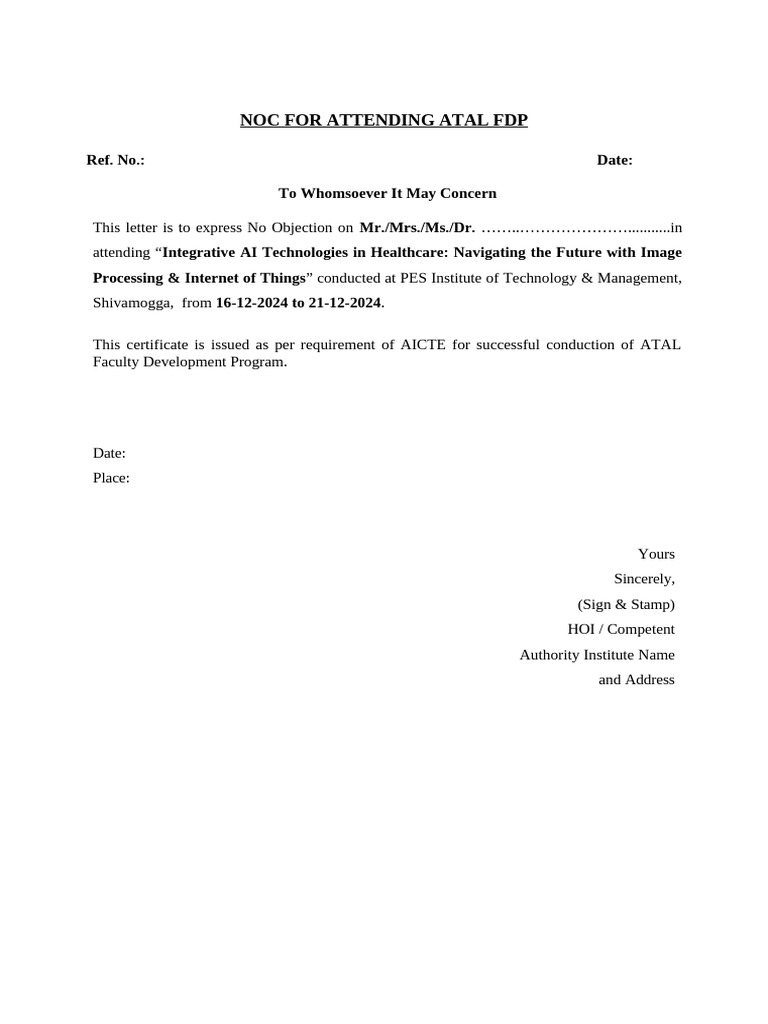 NOC Format - ATAL FDP - PESITM | PDF