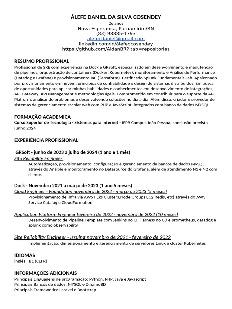 Currículo Genérico Modelo | PDF | Informática | Engenharia de Software