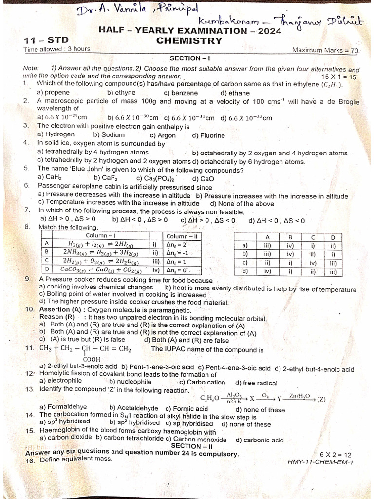 11th Chemistry Half Yearly Exam 2024 Original Question Paper Thanjavur ...
