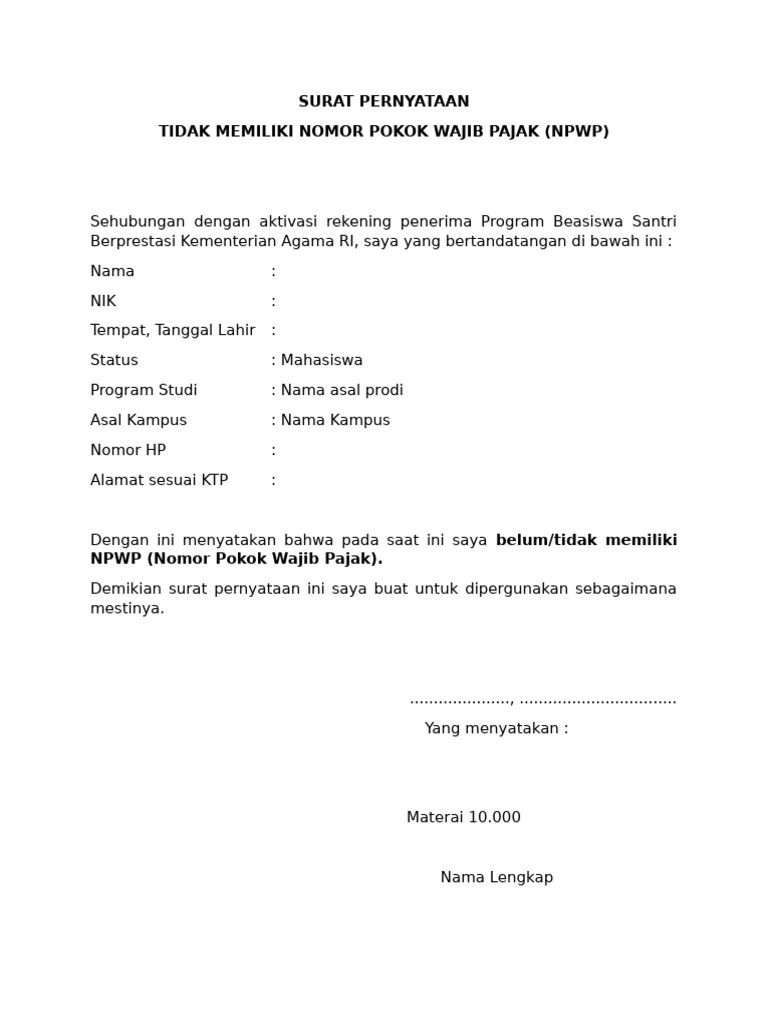 Format - Surat Pernyataan Tidak Memiliki NPWP | PDF