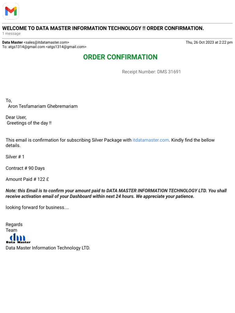 Welcome To Data Master Information Technology !! Order Confirmation. | PDF