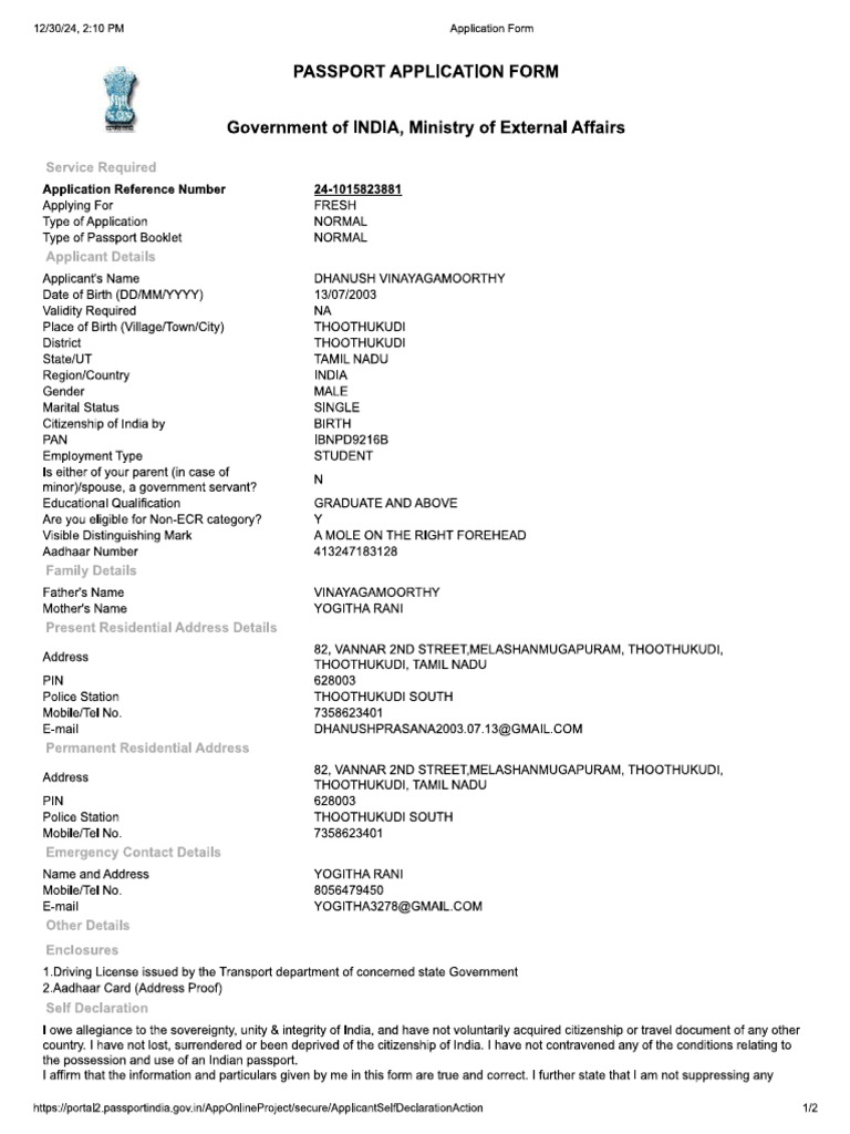 Dhanush Passport Application | PDF
