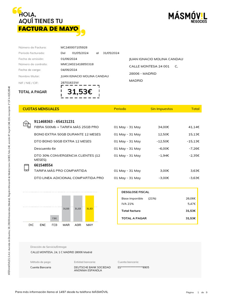 Juan Ignacion Molina FACTURA Masmovil-Madrid | PDF | Telecomunicaciones ...