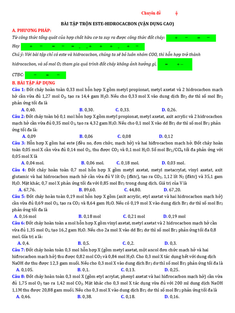 BÃ I Táº¬P VDC-TRá» N ESTE-HIDROCACBON 2023-Ä á» (PHáº M VÄ N TRá» NG) | PDF