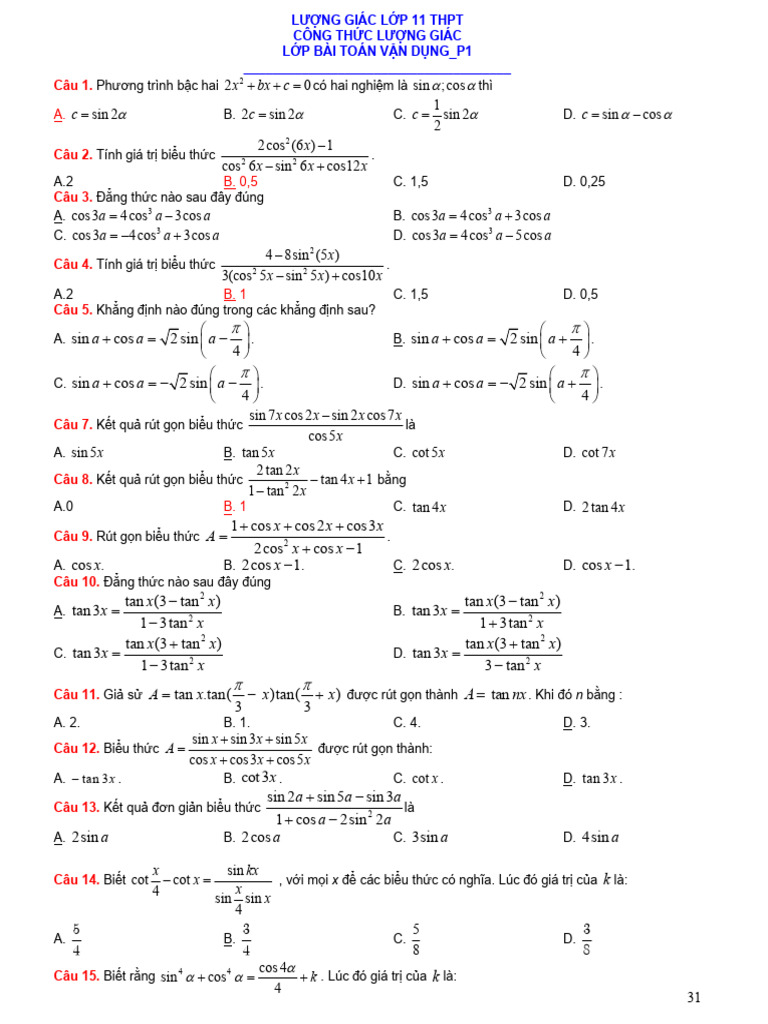 (1102M09) TOÃ N 11 - TRáº®C NGHIá M Váº N Dá NG - LUYá N Ká NÄ NG TRáº®C NGHIá M HÃ M Sá LÆ Á NG ...