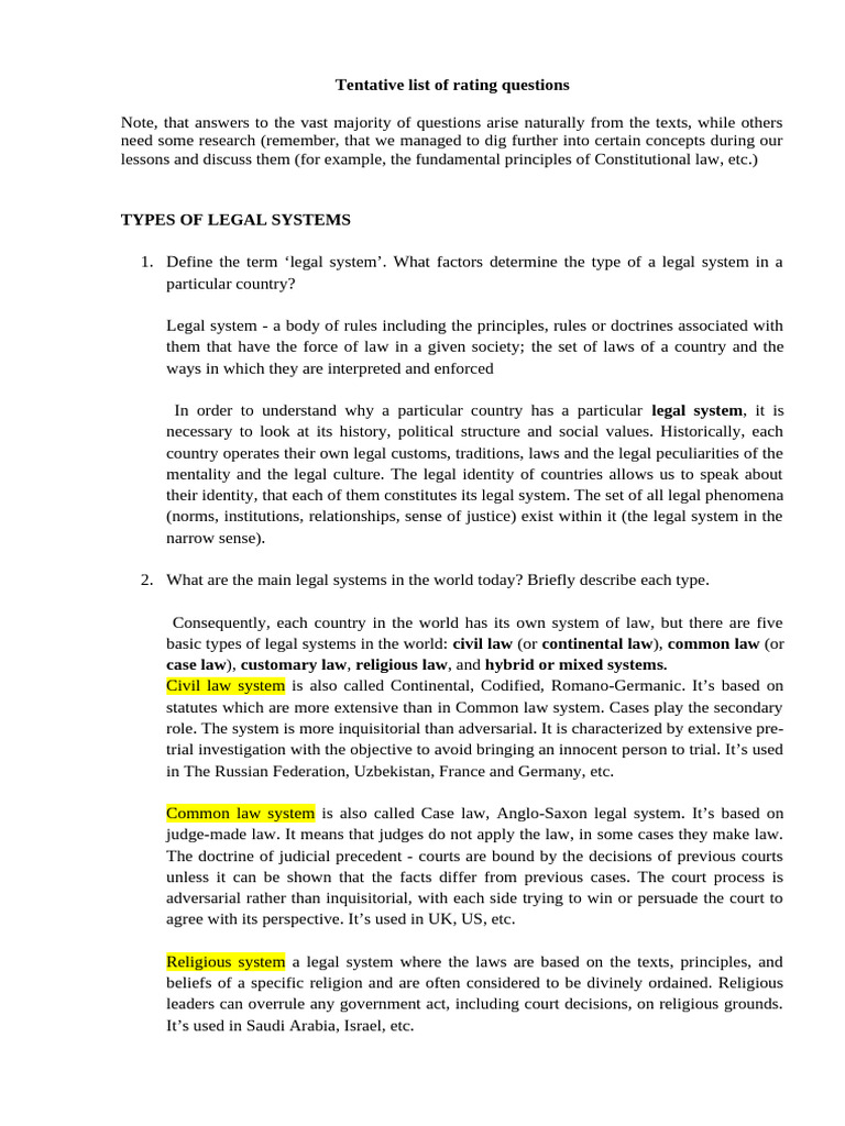 Tentative List of Rating Questions | PDF | Common Law | Sharia