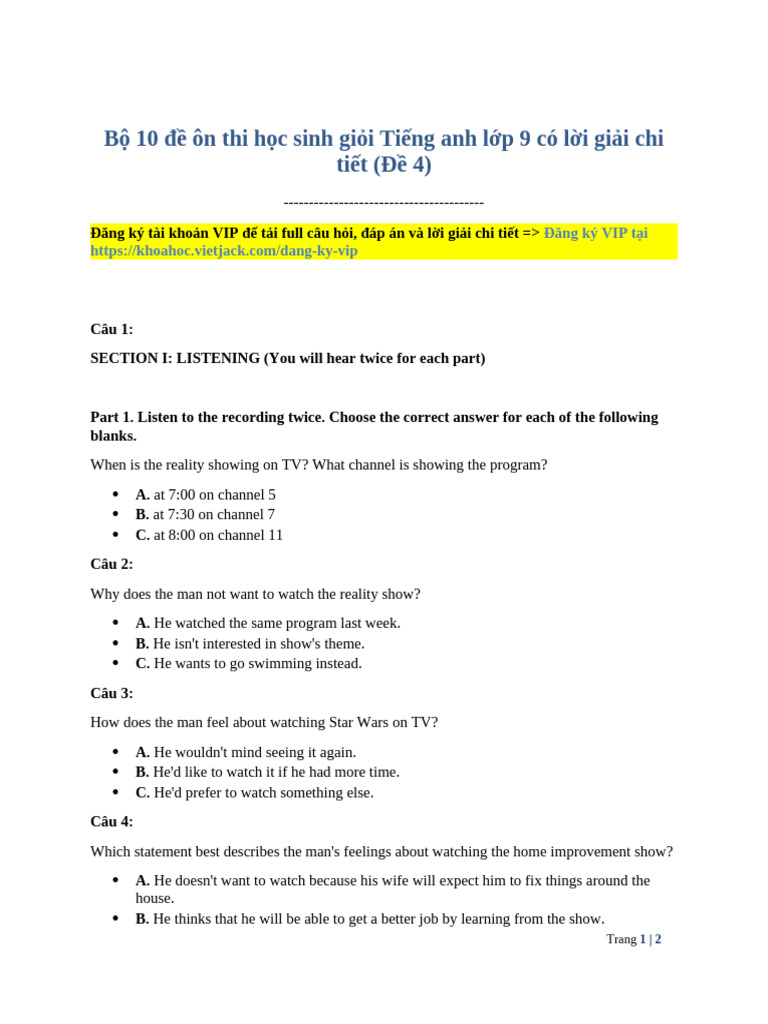 Bo 10 de On Thi Hoc Sinh Gioi Tieng Anh Lop 9 Co Loi Giai Chi Tiet de 4 - 2024 - 12 - 31 | PDF