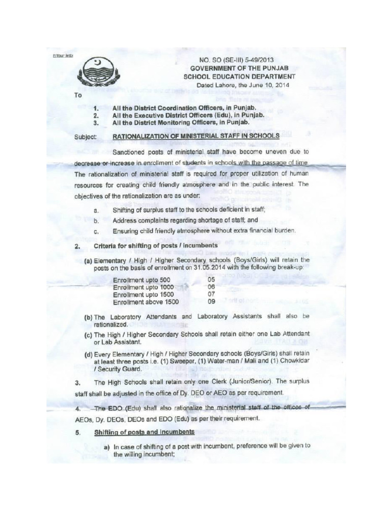 Rationalization of Ministerial Staff in School Education Department ...