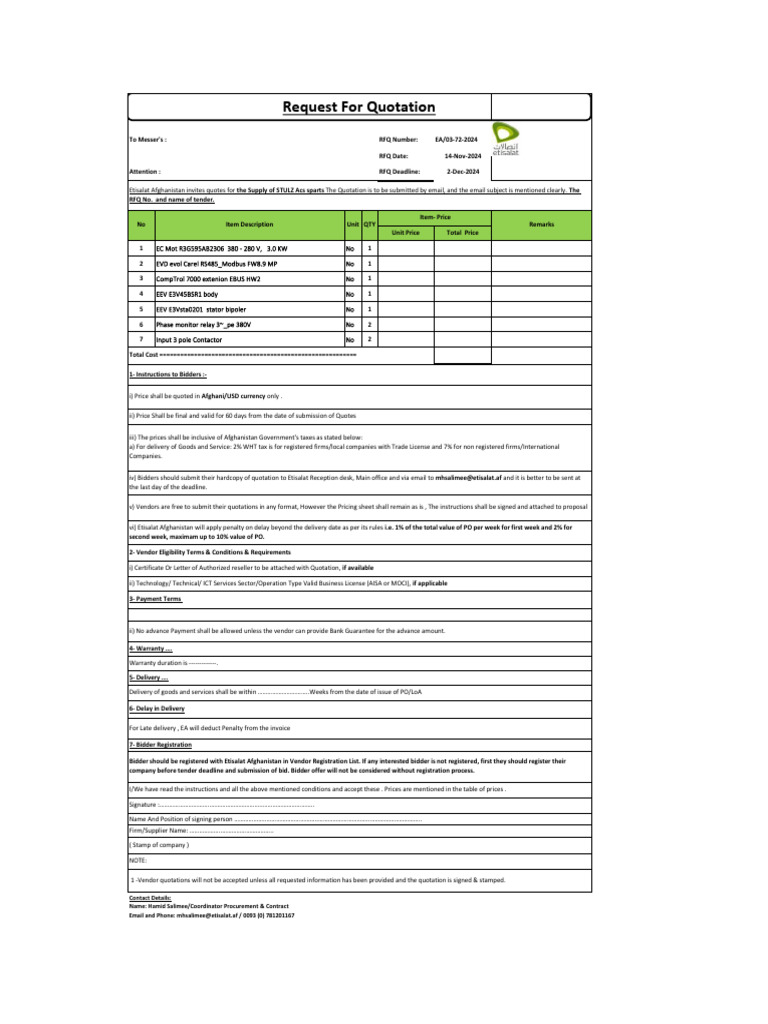 RFQ For Supply of STULZ ACs Spare Parts | PDF | Business
