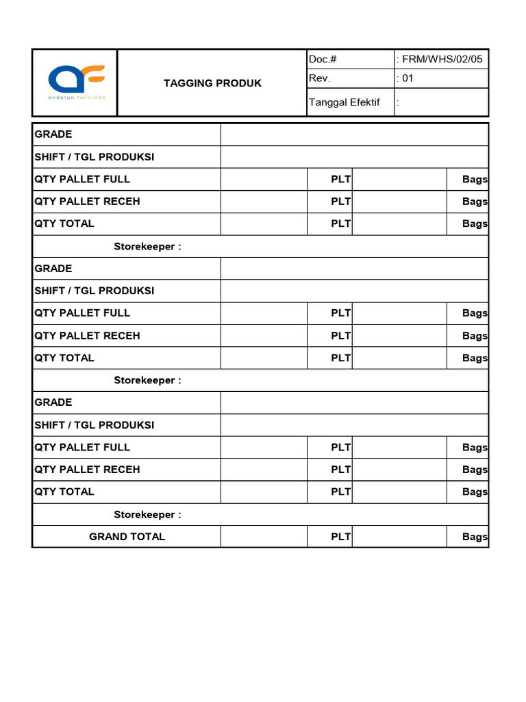 FRM - WHS.02.05 FORM TAGGING PRODUK Rev.01 | PDF